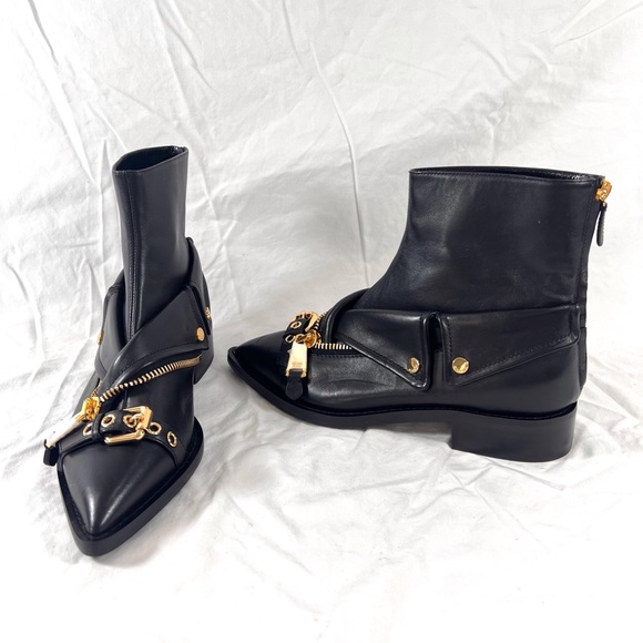 Moschino | Shoes | 60 Moschino Black Leather Ankle Biker Collar Zip ...